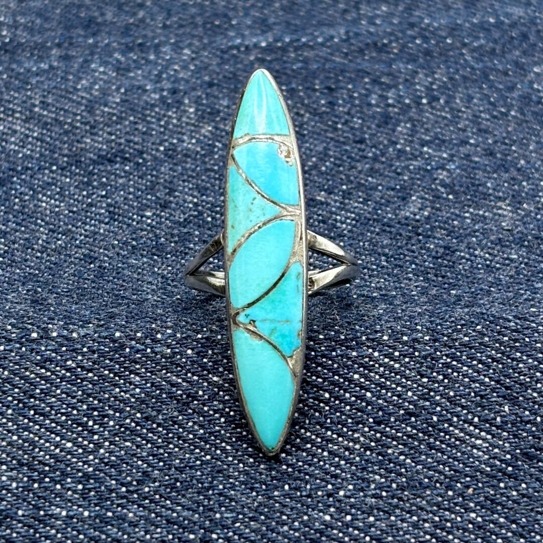 Vintage Zuni Turquoise Inlay Silver Ring Sz 6.75 - Etsy