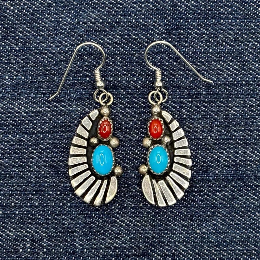 Navajo Richard Begay Turquoise Coral Silver Pierced Dangle Earrings - Etsy
