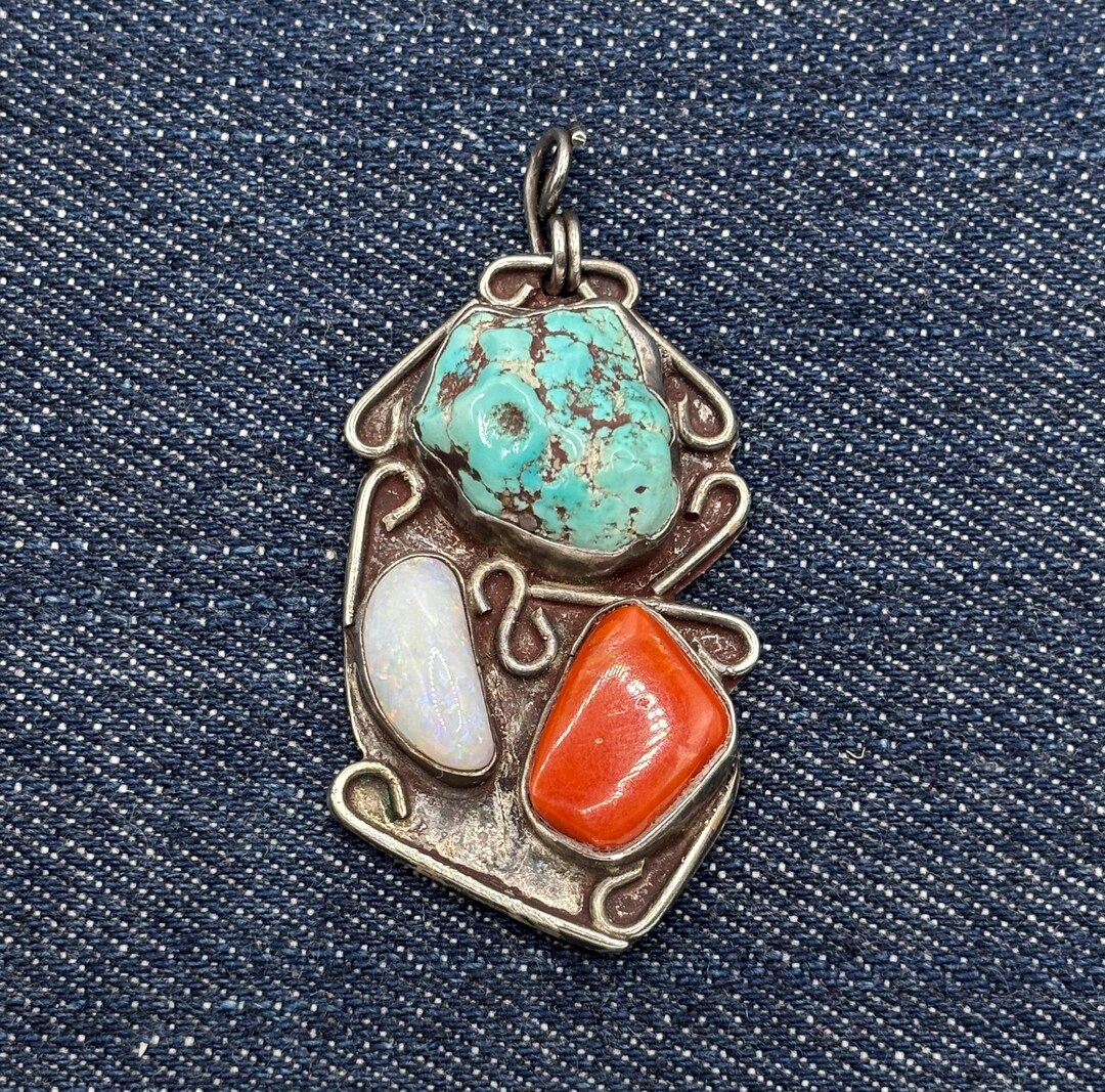 Large Vintage Native American Silver Pendant With Coral Turquoise ...