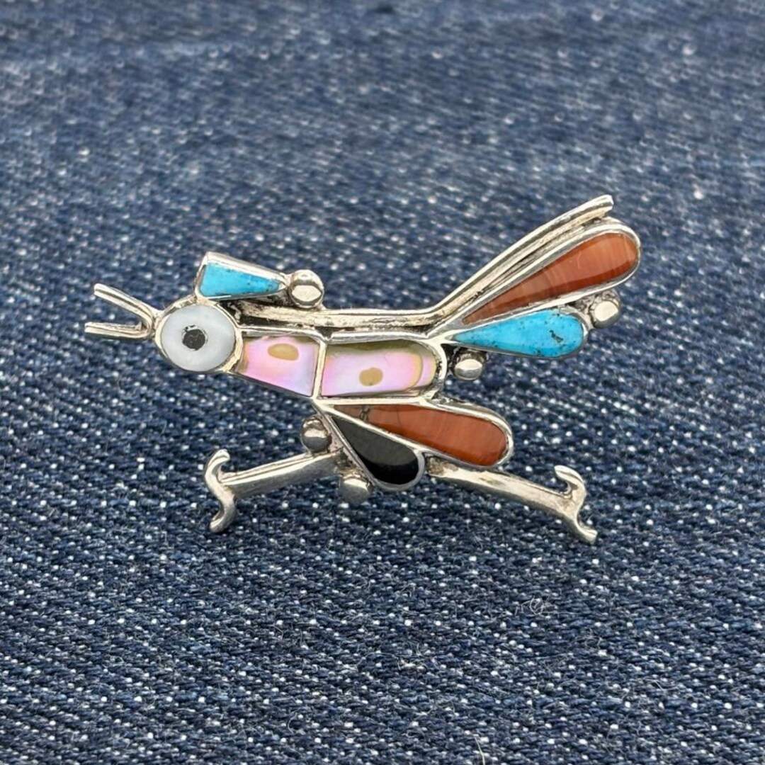 Native American Multi Stone Inlaid Silver Roadrunner Pin - Etsy