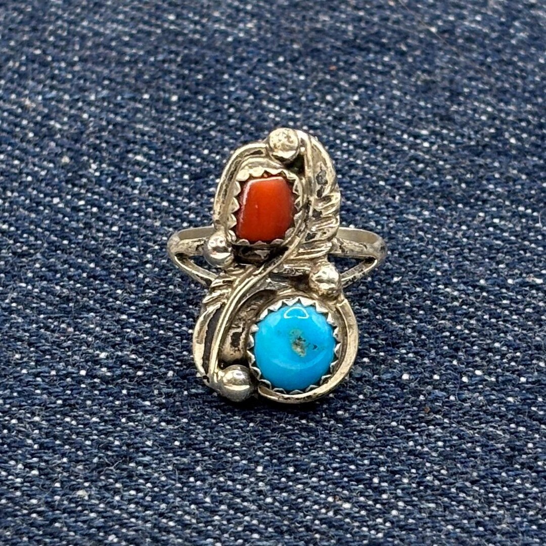 Vintage Navajo Richard Begay Coral Turquoise Sterling Silver Ring Sz 5 ...