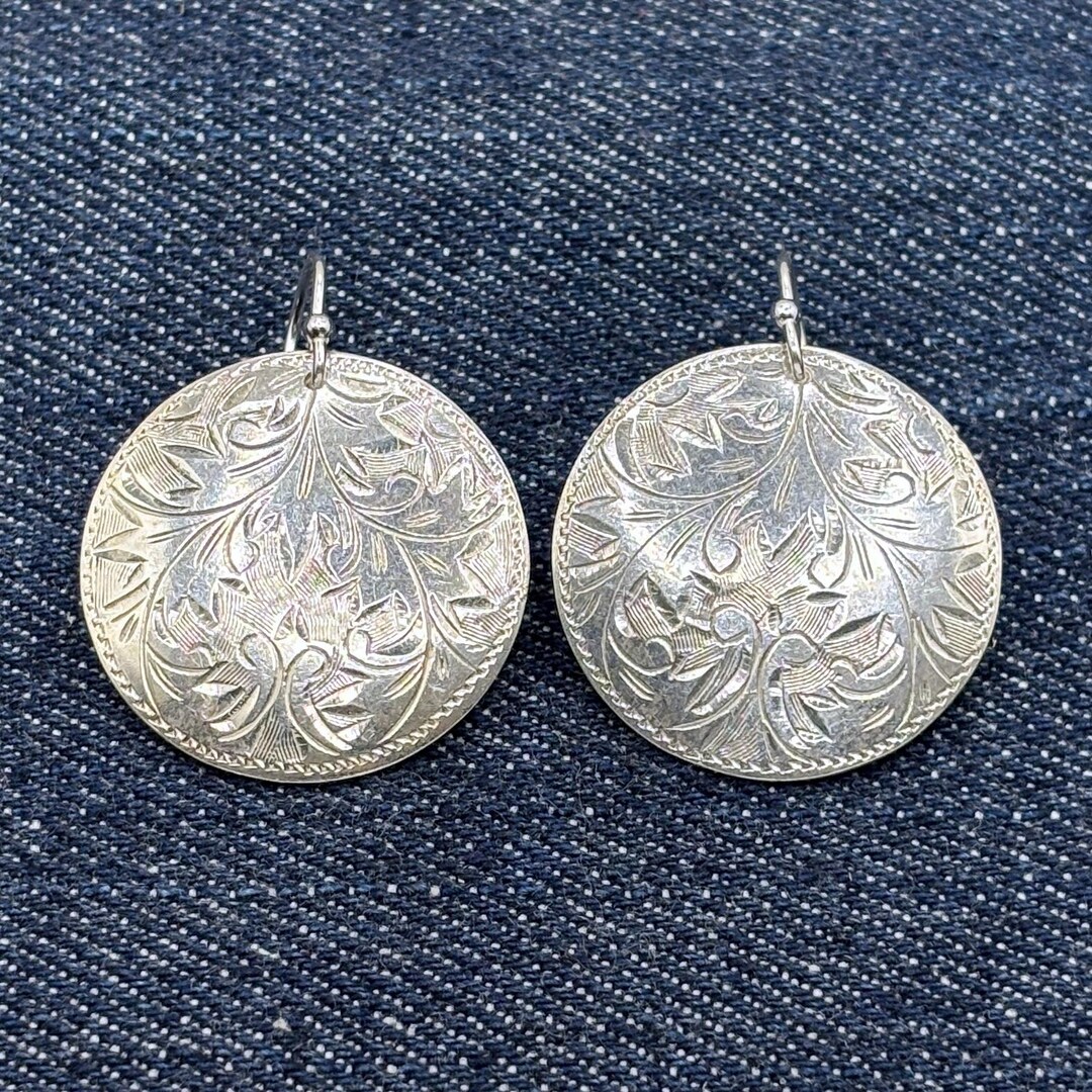Sterling Silver Engraved Disk Pierced Dangle Earrings - Etsy