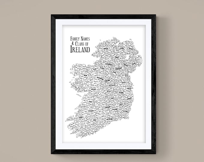 A3 Illustrated Map of Ireland Irish Surnames and Ancestry Wall Art Art ...
