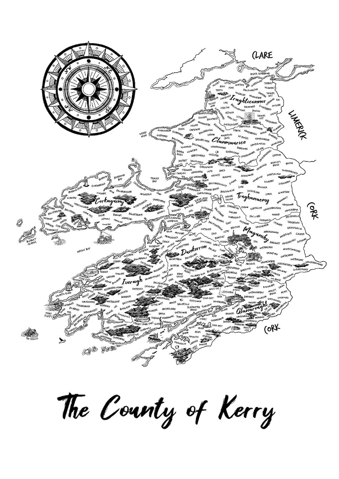 A4 Vintage Illustrated Map of Kerry - Ireland Prints - Irish Maps ...