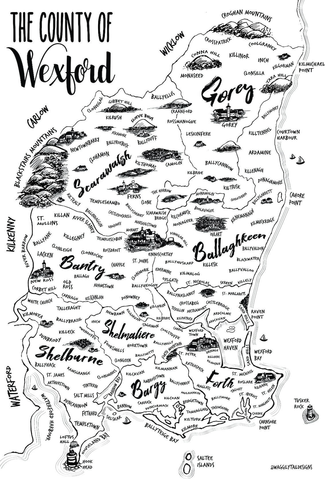 A3 Vintage Illustrated Map of Wexford Map of Ireland - Etsy