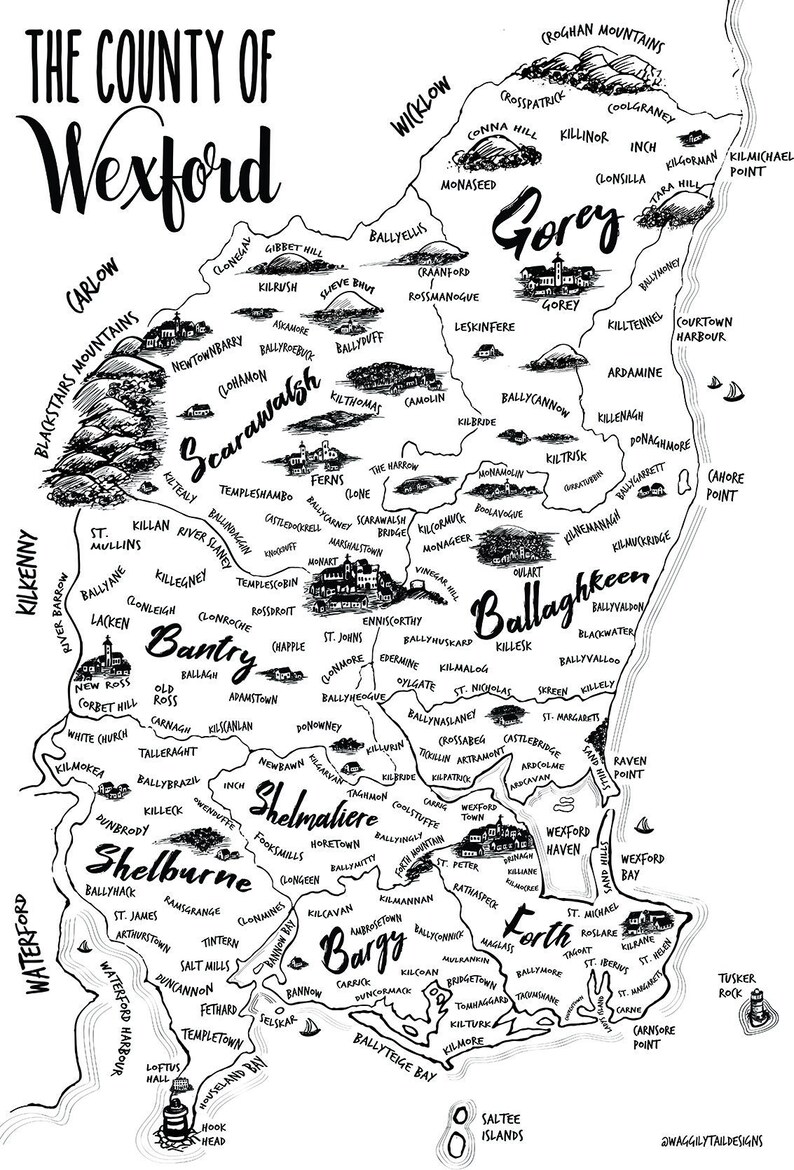 A3 Vintage Illustrated Map of Wexford Map of Ireland - Etsy