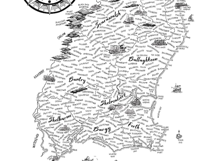 A3 Vintage Illustrated Map of Wexford Map of Ireland Wexford ...