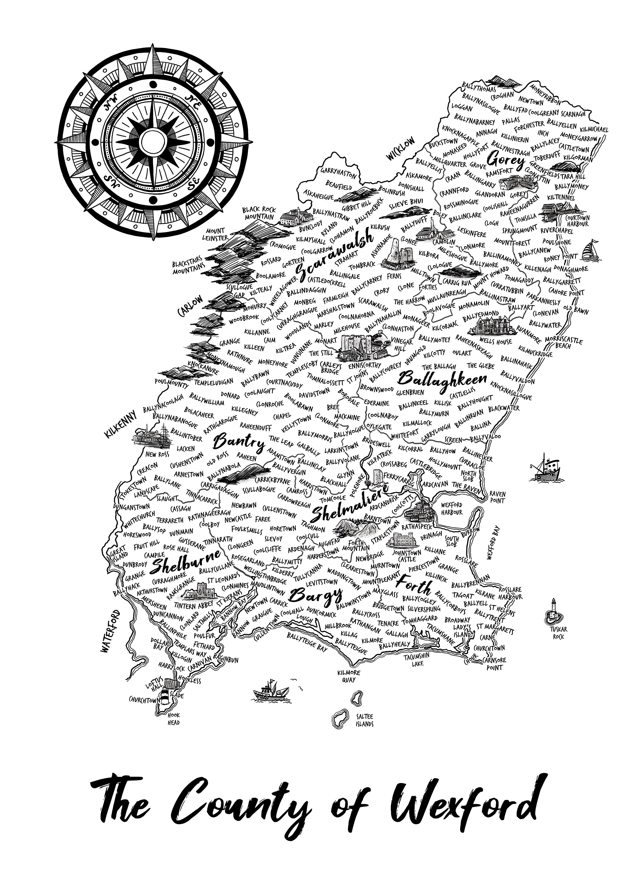 A3 Vintage Illustrated Map of Wexford Map of Ireland Wexford ...