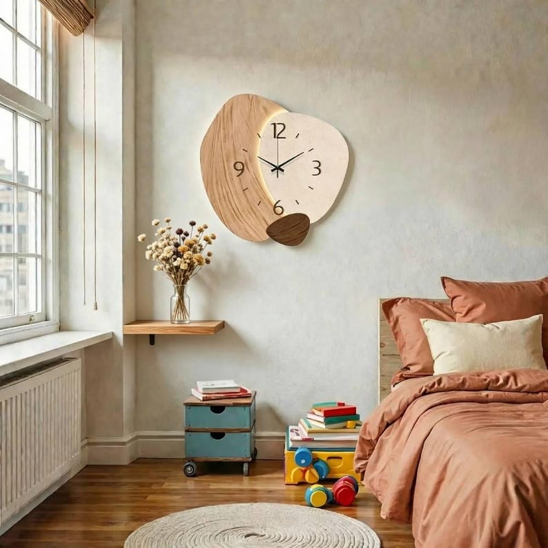 Modern Organic Wall Clock – Silent Minimalist Wooden Effect Sculpture ...