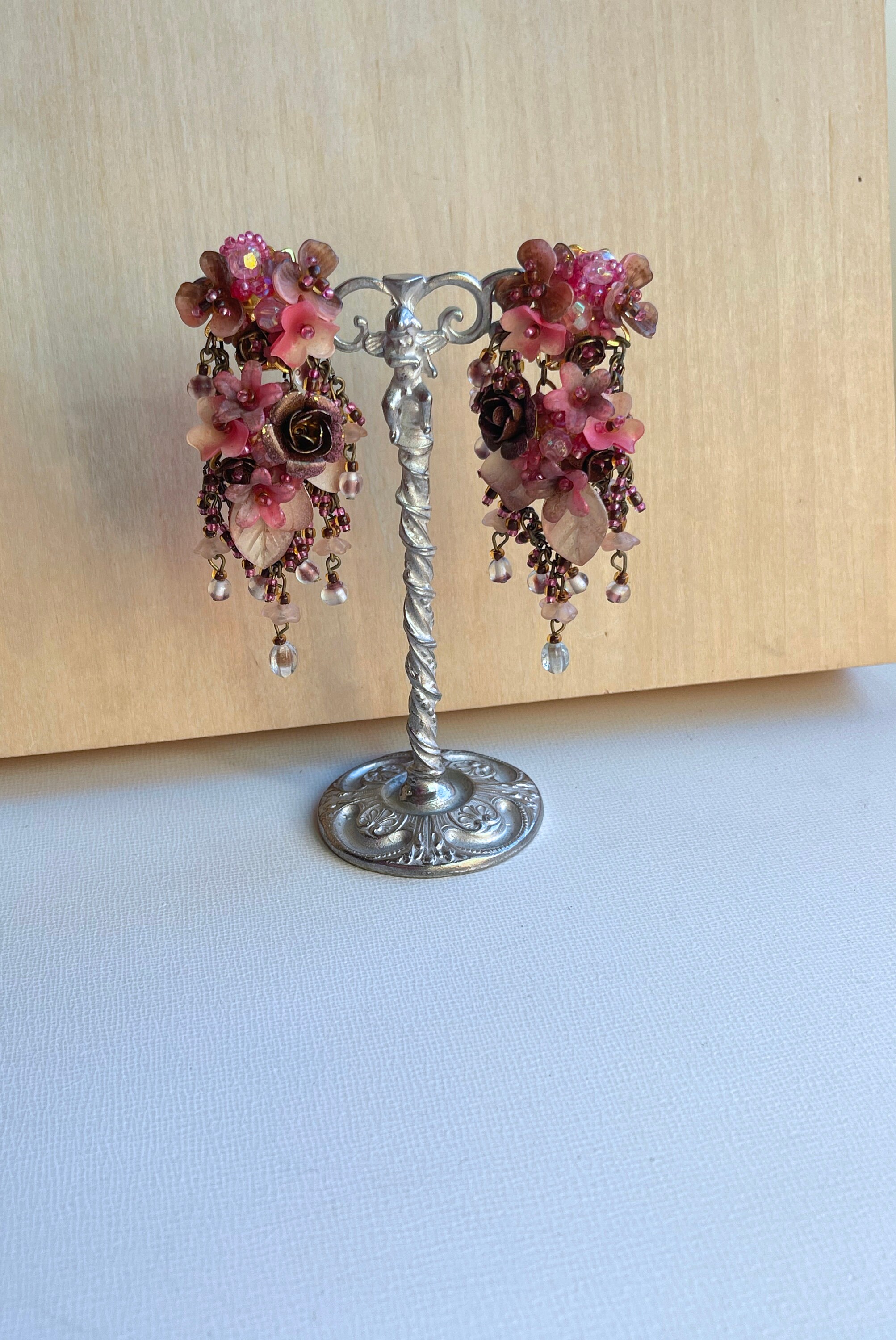 Vintage COLLEEN TOLAND Rose Pink Chandelier Clip on Earrings Beaded ...