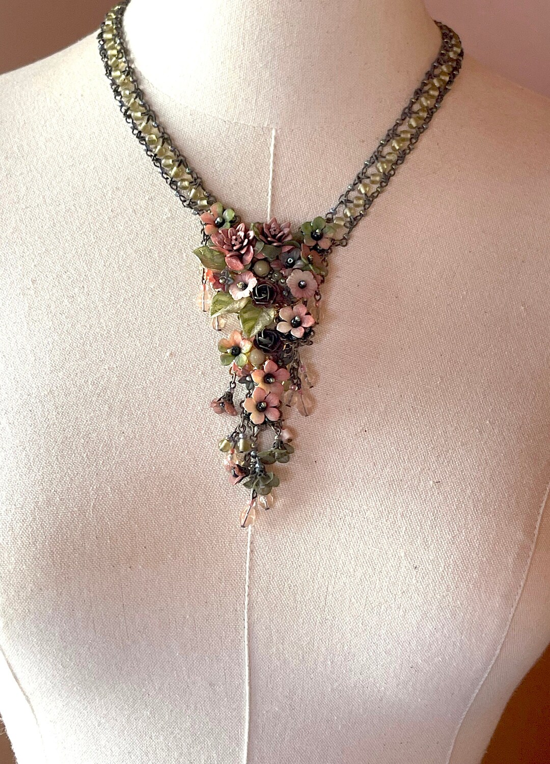 Vintage COLLEEN TOLAND Old Rose Vee Necklace Flower Floral Romantic ...