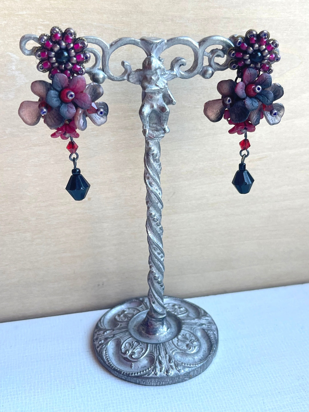 Vintage COLLEEN TOLAND Black Red Metalic Flower Dangle Earring Floral ...