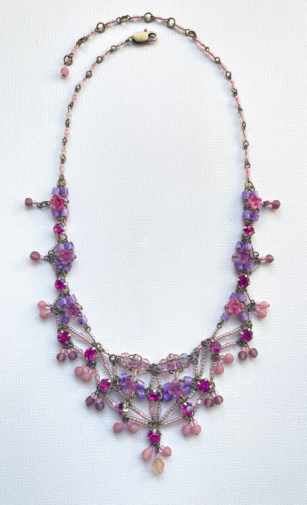 Vintage COLLEEN TOLAND Purple Fuchsia Lilac XO Necklace Floral Flower ...