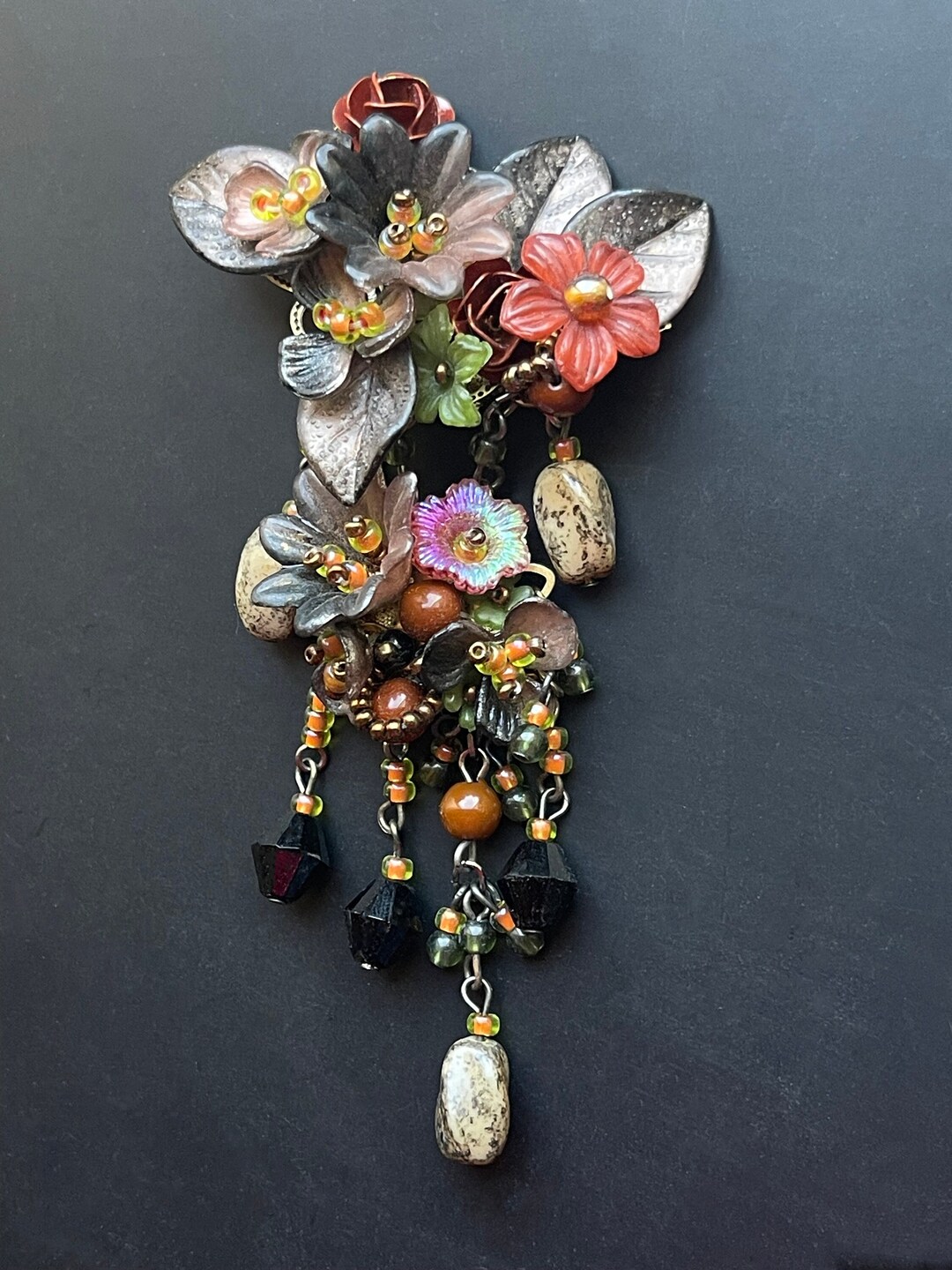 Vintage COLLEEN TOLAND Metalic Beaded Drop Pin Brooch Romantic Handmade ...