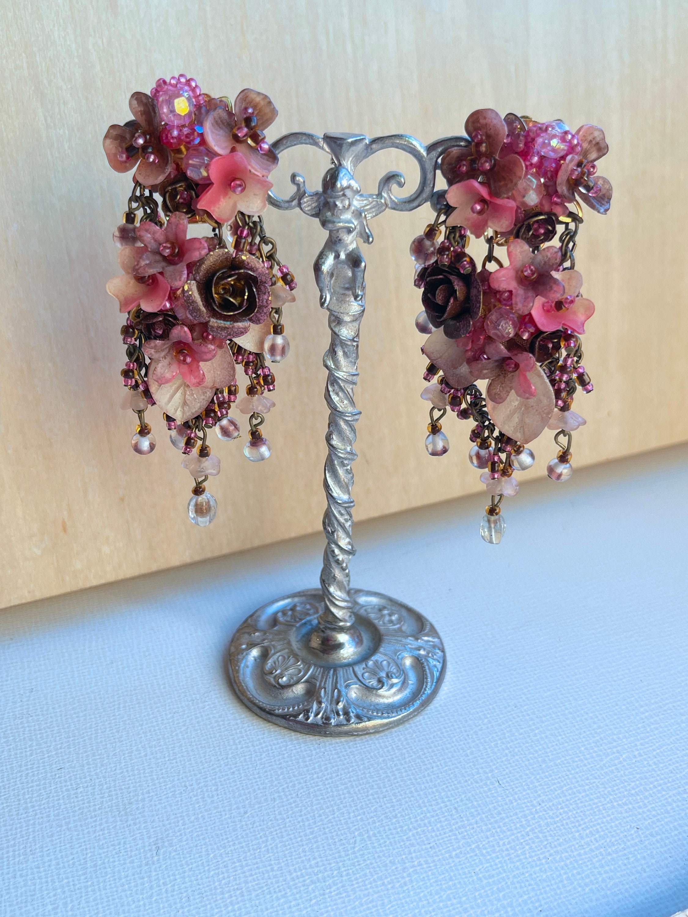 Vintage COLLEEN TOLAND Rose Pink Chandelier Clip on Earrings Beaded ...