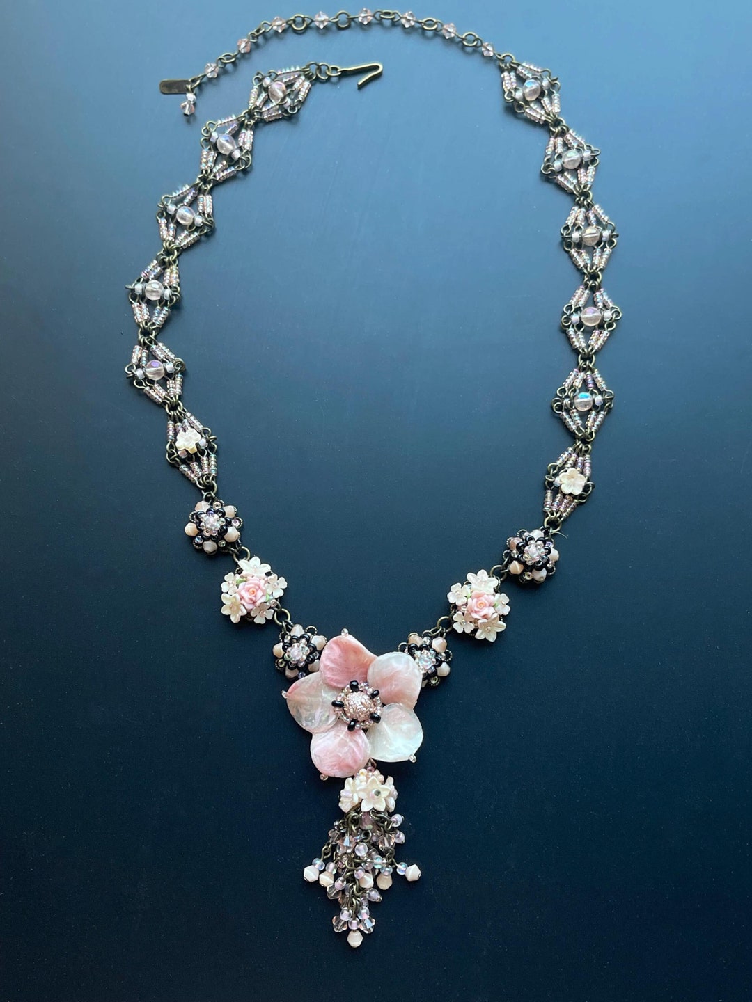 Vintage COLLEEN TOLAND Pink Flower Pendant Beaded Necklace Handmade ...
