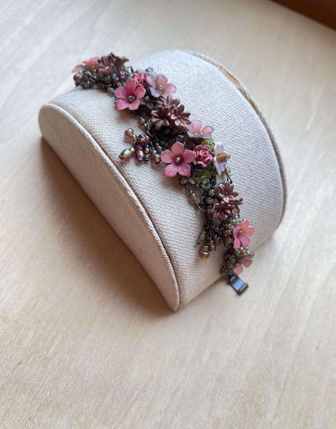 Vintage COLLEEN TOLAND Winter Rose Beaded Flower Bracelet Pink Rose ...