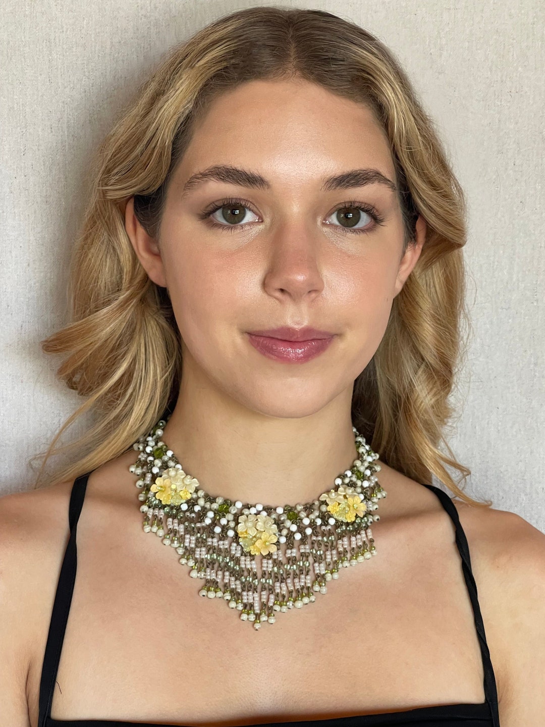 VINTAGE Colleen Toland 90s White and Yellow Fringe Statement Necklace ...