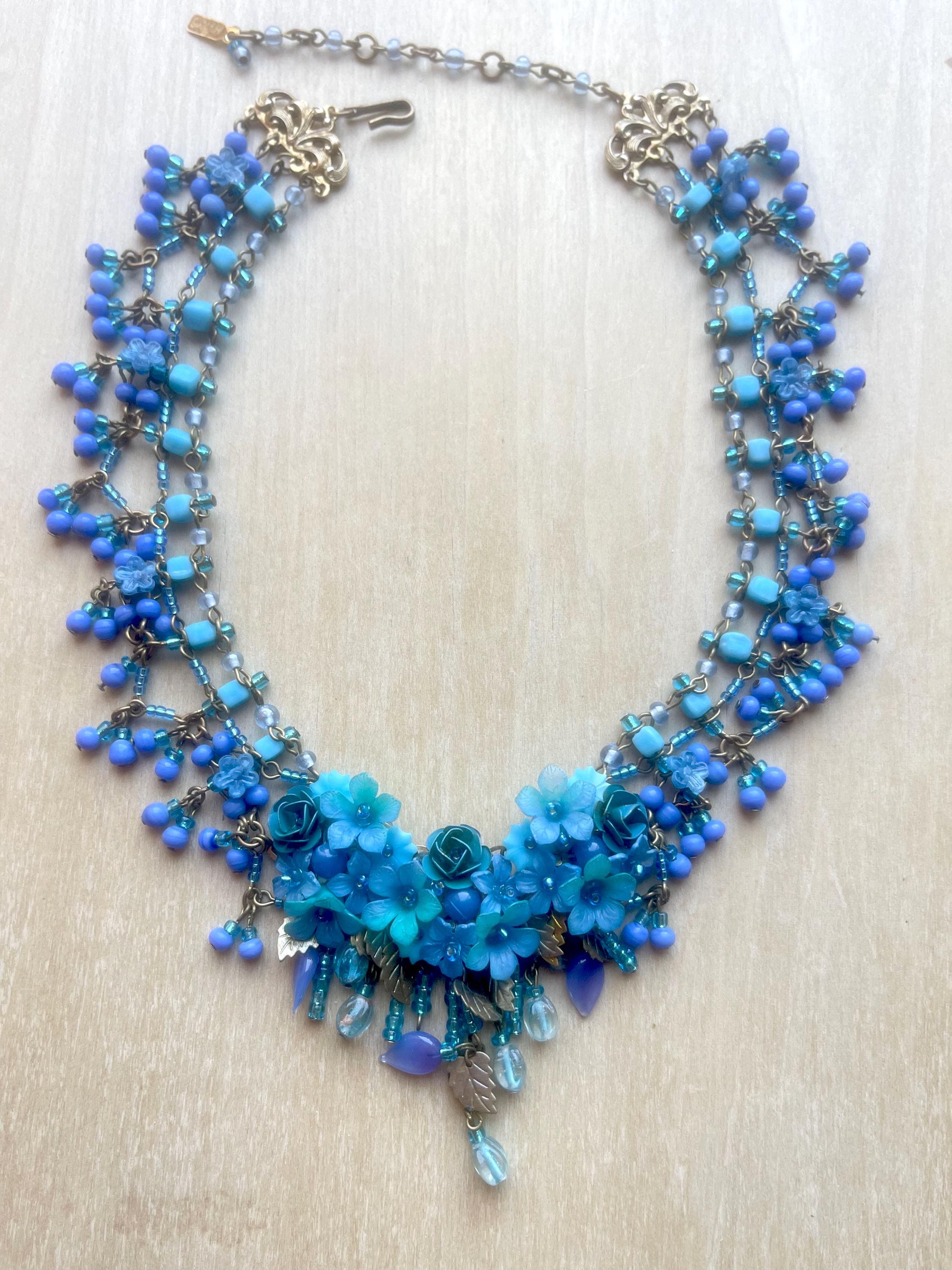 Vintage COLLEEN TOLAND Turquoise Rose Beaded Necklace Handmade Floral ...