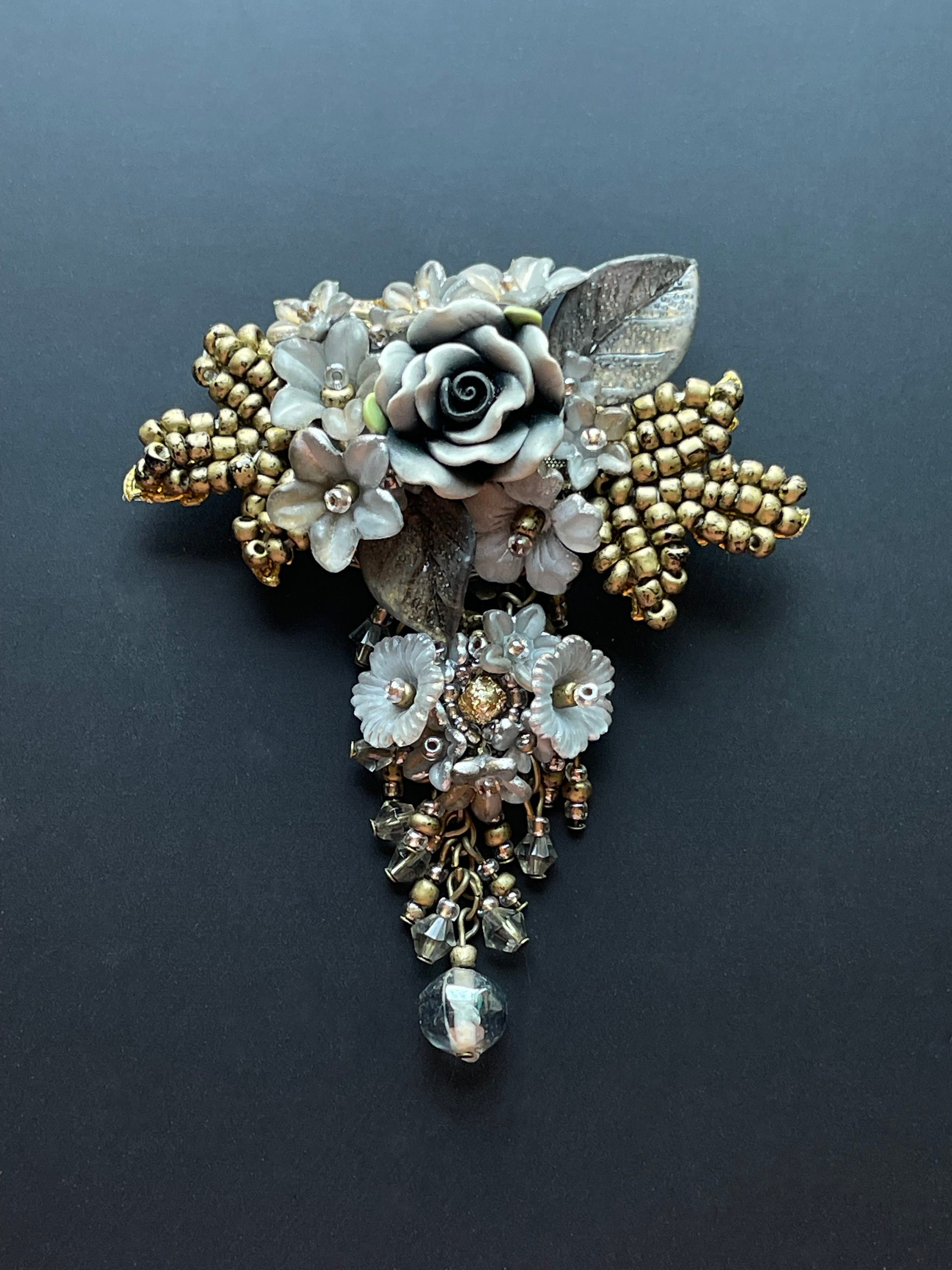 Vintage COLLEEN TOLAND Rose Flower Beaded Pin Brooch Handmade Romantic ...