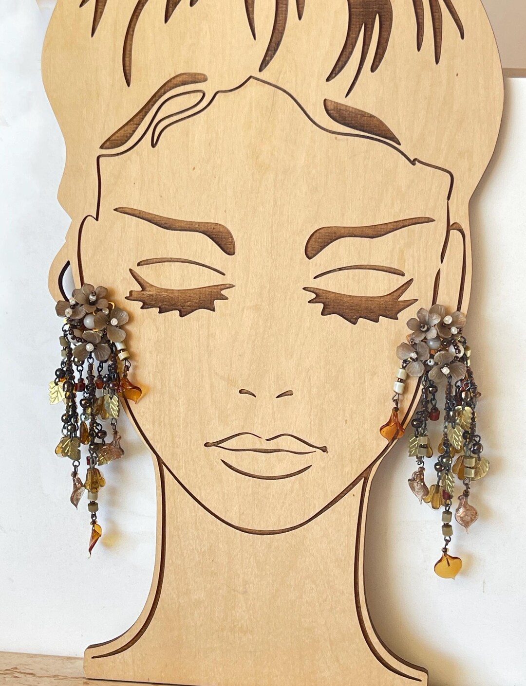 Vintage COLLEEN TOLAND 80s Tan Floral Chandelier Duster Long Earrings ...