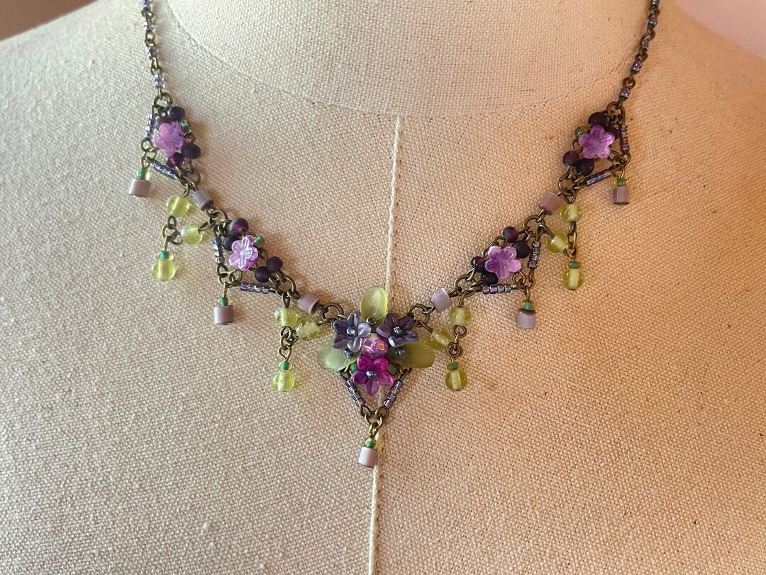 Vintage COLLEEN TOLAND Purple Green Flower Beaded Drop Necklace ...