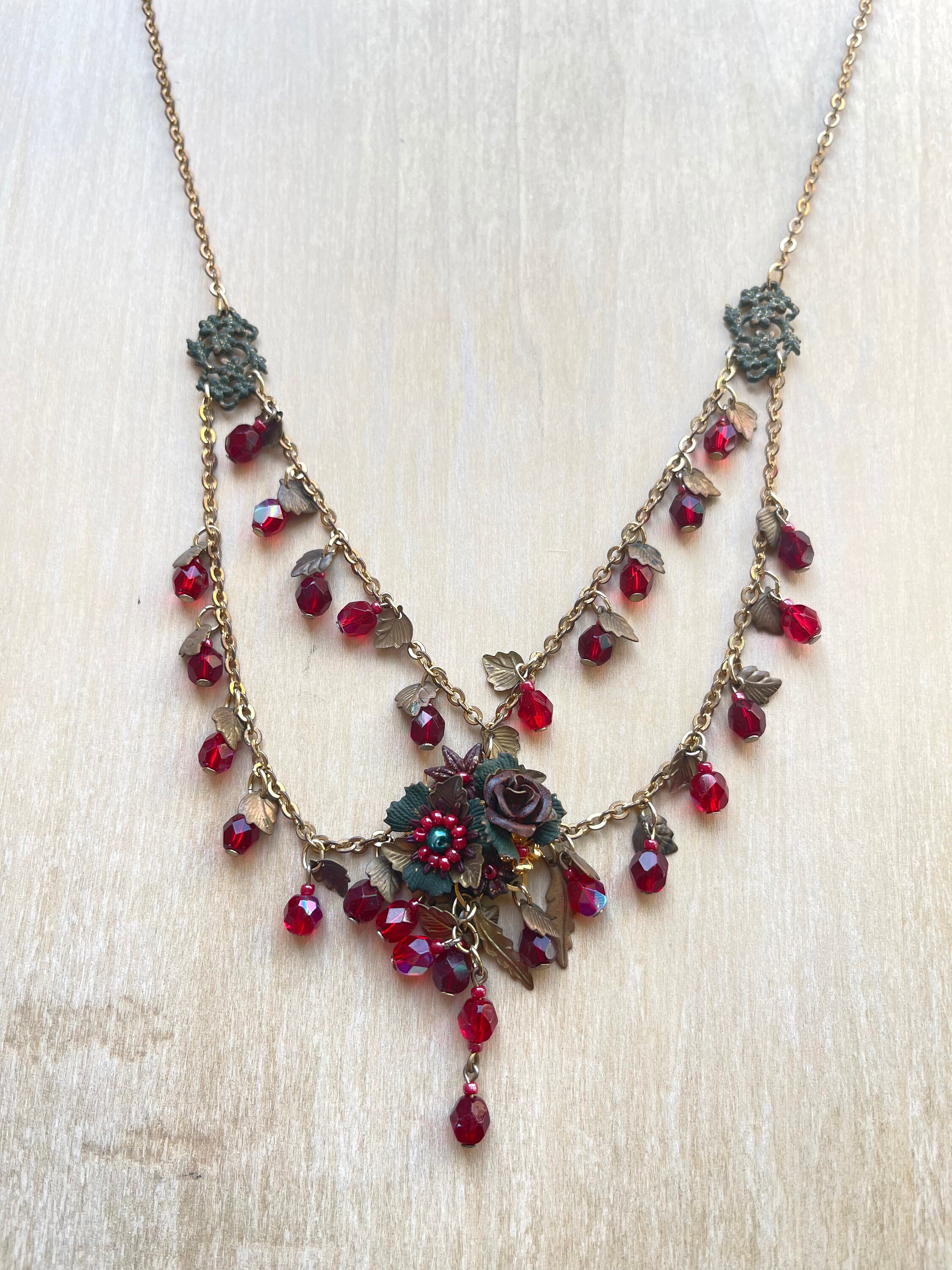 Vintage COLLEEN TOLAND 90s Beaded Draped Red Necklace With Metal ...