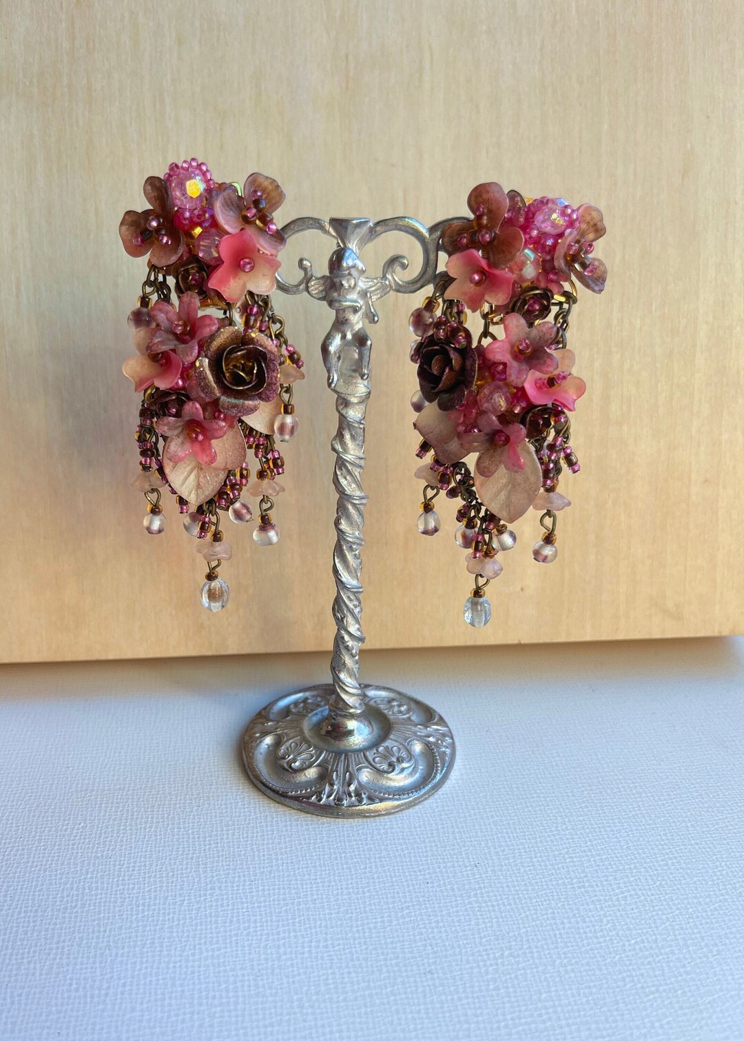 Vintage COLLEEN TOLAND Rose Pink Chandelier Clip on Earrings Beaded ...
