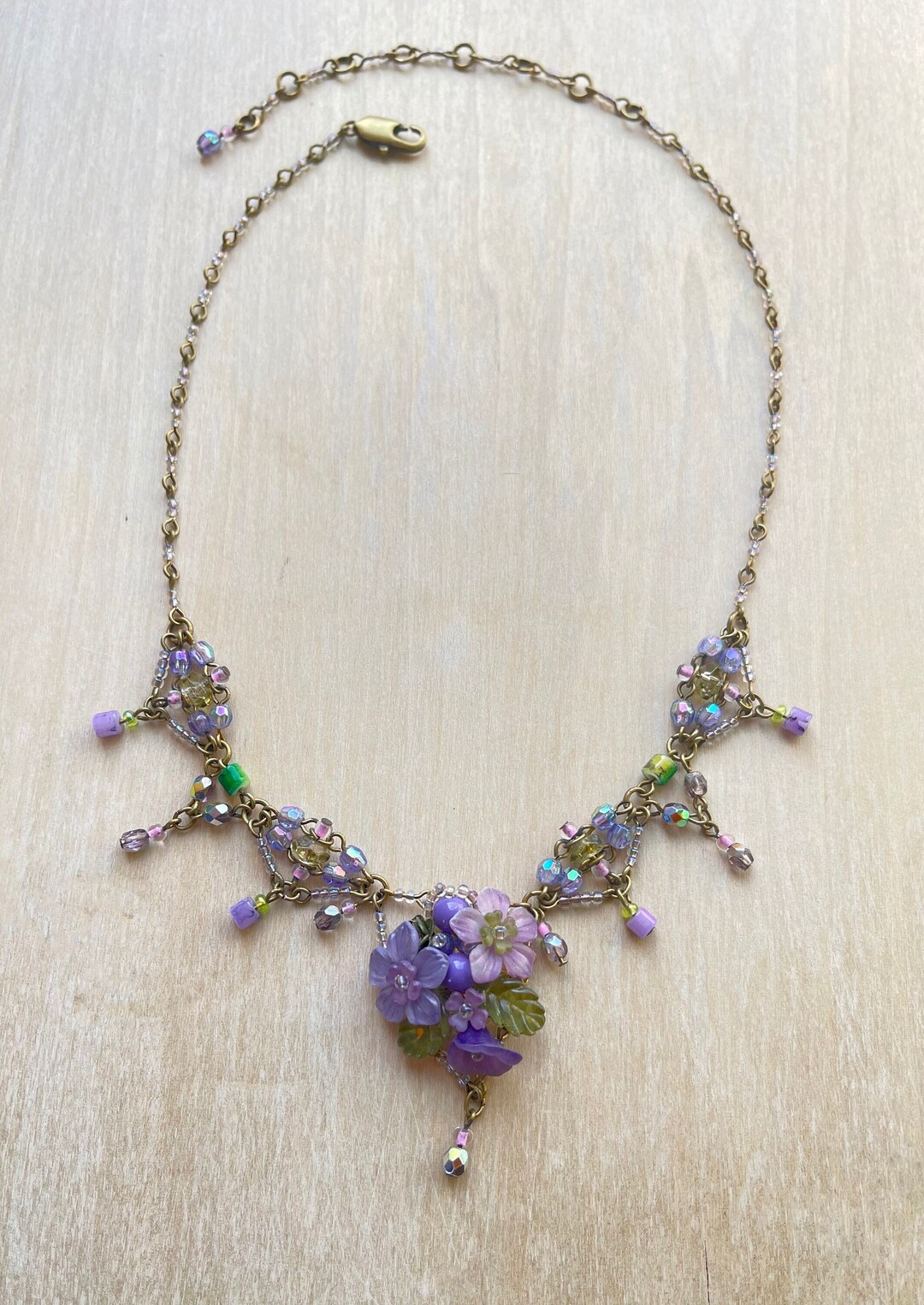 Vintage COLLEEN TOLAND Purple Lilac Flower Beaded Drop Necklace Dainty ...