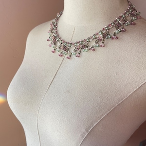 Vintage COLLEEN TOLAND Pink Green XO Necklace Beaded Flower Floral ...