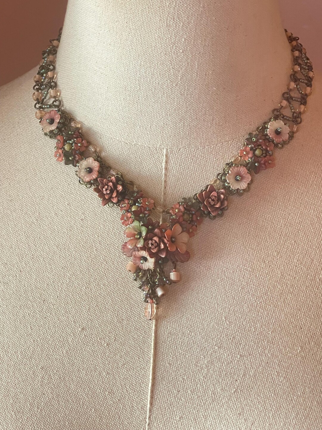 Vintage COLLEEN TOLAND Victorian Rose Flower Rose Necklace Beaded ...