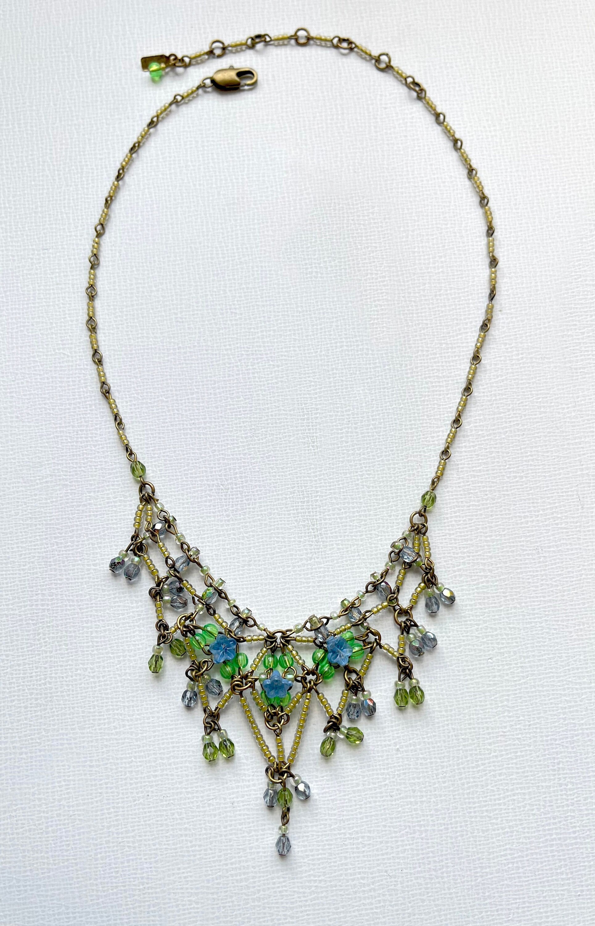 Vintage COLLEEN TOLAND Blue Green XO Beaded Vee Necklace Floral Flower ...