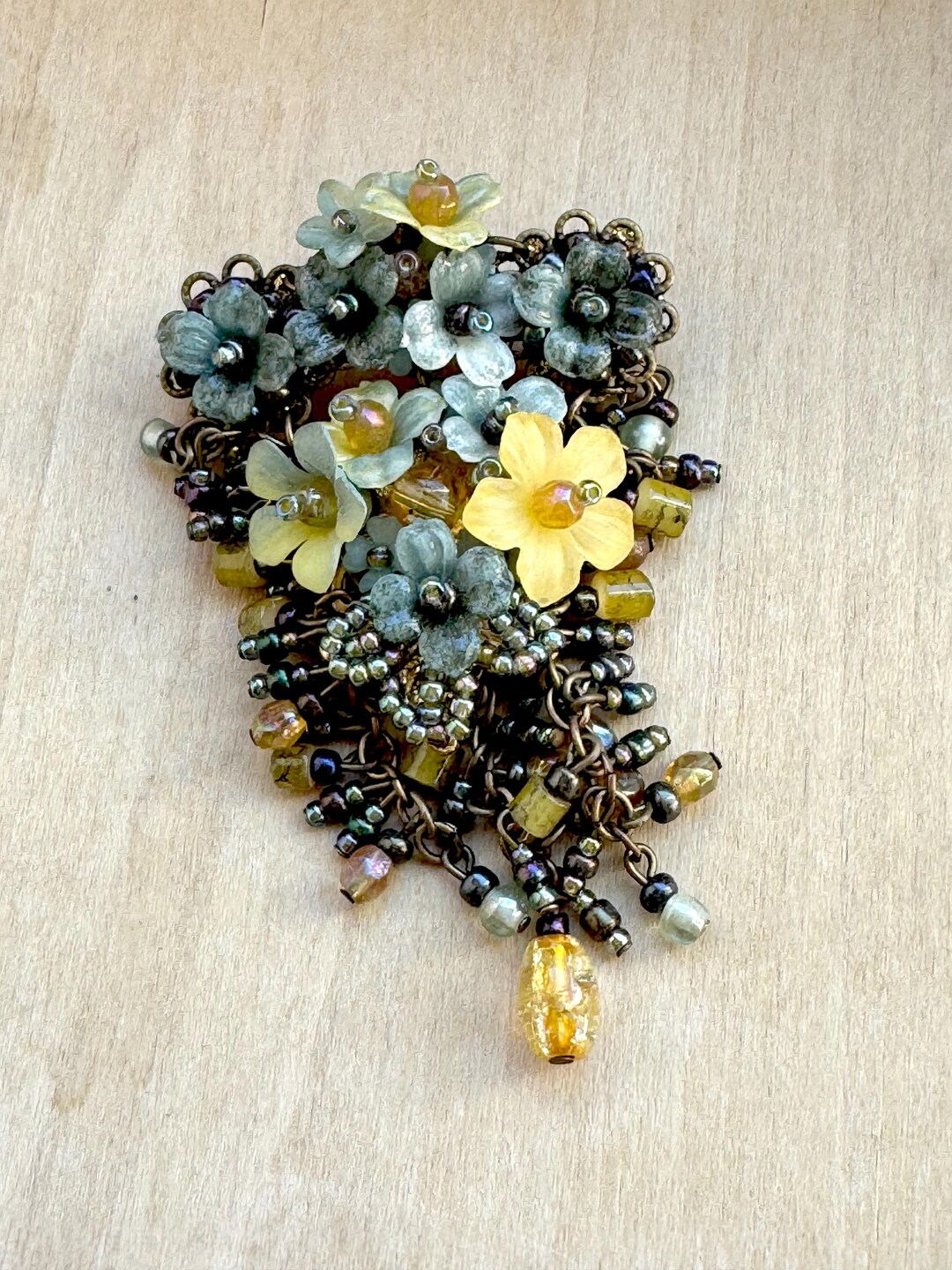 Vintage Colleen Toland Yellow Green Floral Brooch Pin Handmade Beaded ...