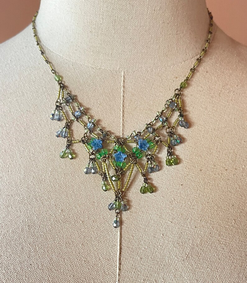 Vintage COLLEEN TOLAND Blue Green XO Beaded Vee Necklace Floral Flower ...