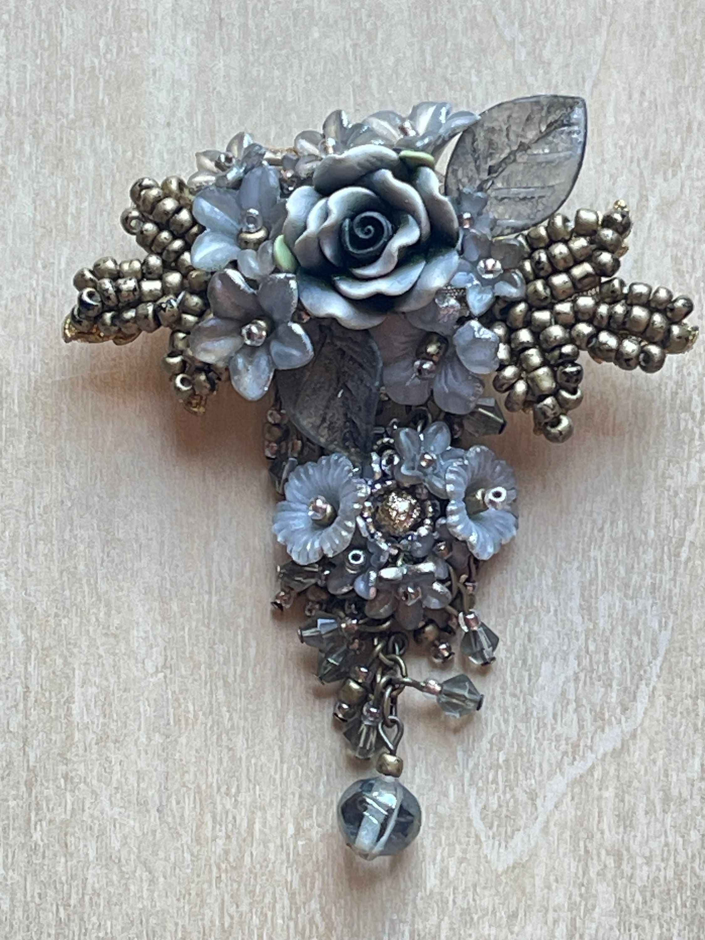 Vintage COLLEEN TOLAND Rose Flower Beaded Pin Brooch Handmade Romantic ...