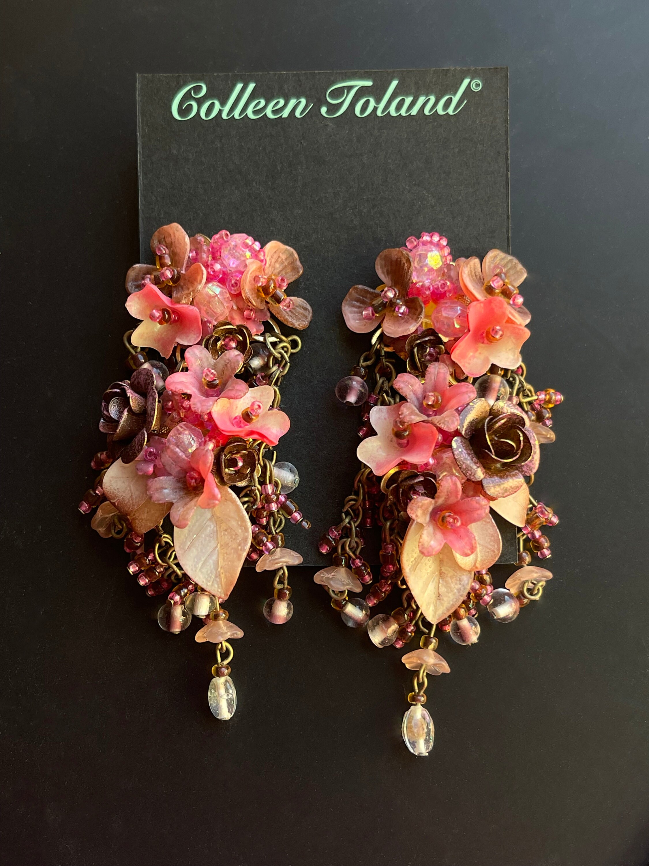 Vintage COLLEEN TOLAND Rose Pink Chandelier Clip on Earrings Beaded ...