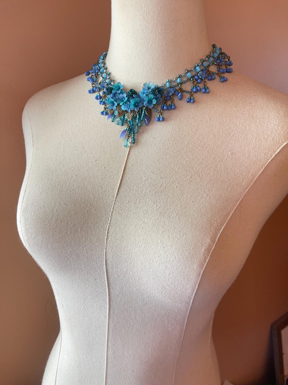 Vintage COLLEEN TOLAND Turquoise Rose Beaded Necklace Handmade Floral ...