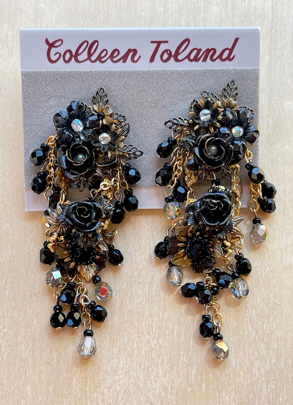 90s VINTAGE Colleen Toland Stunning Black Rose Clip-o… - Gem