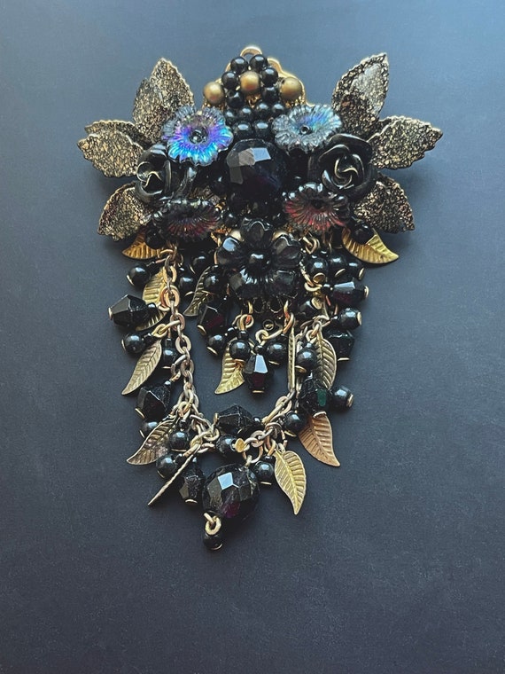Vintage COLLEEN TOLAND 90s Black Gold Beaded Floral B… - Gem