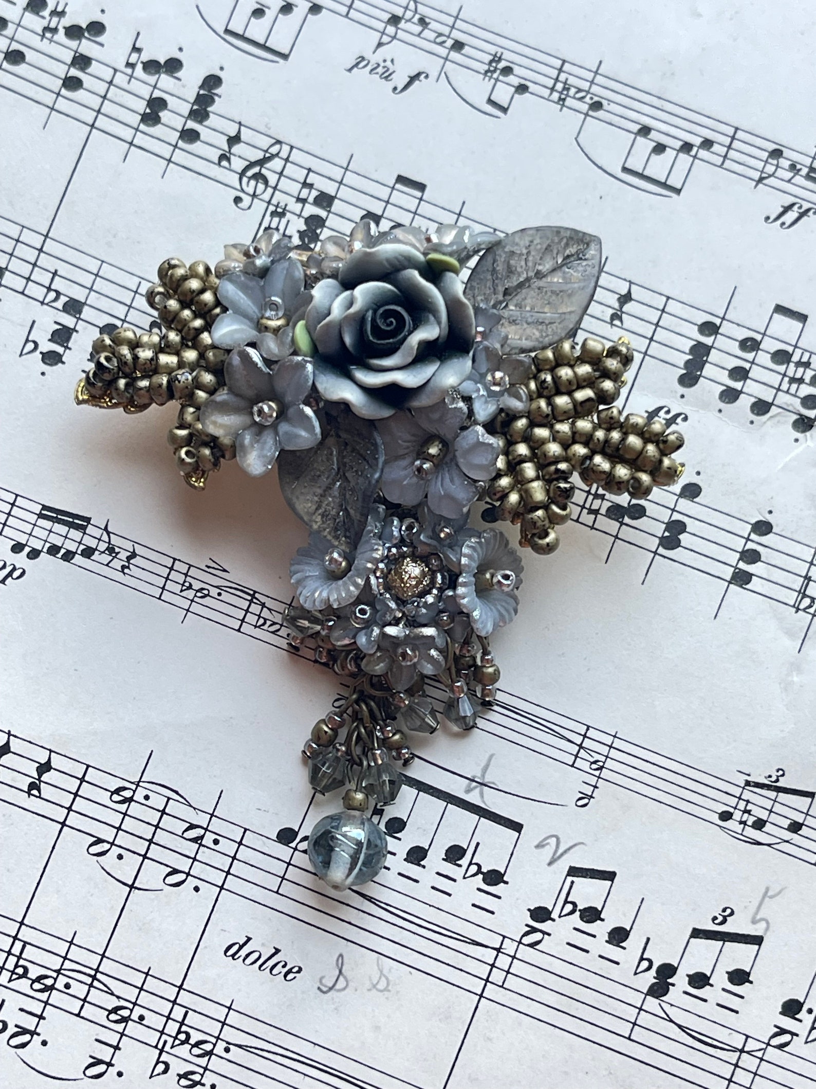 Vintage COLLEEN TOLAND Rose Flower Beaded Pin Brooch Handmade Romantic ...