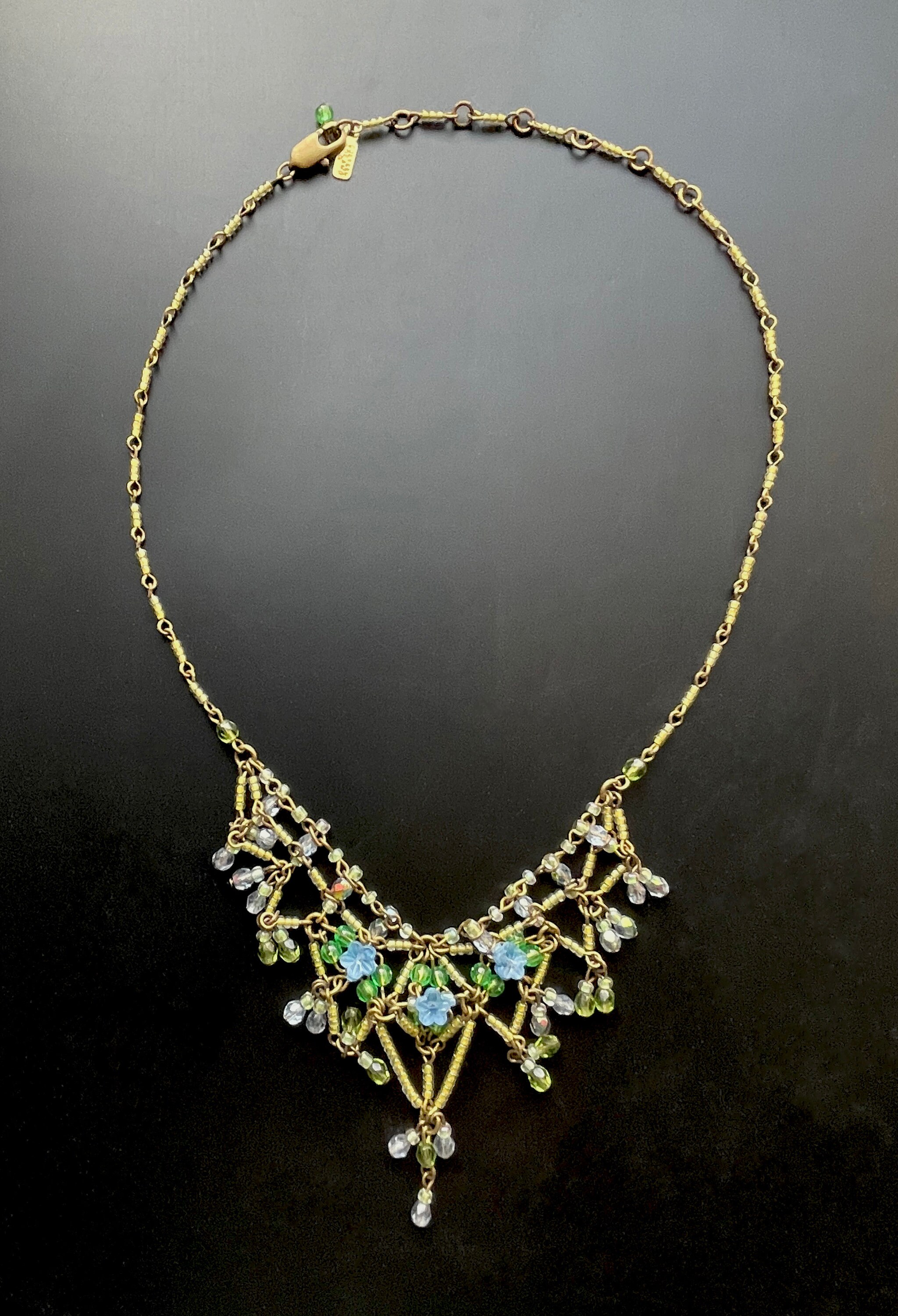Vintage COLLEEN TOLAND Blue Green XO Beaded Vee Necklace Floral Flower ...
