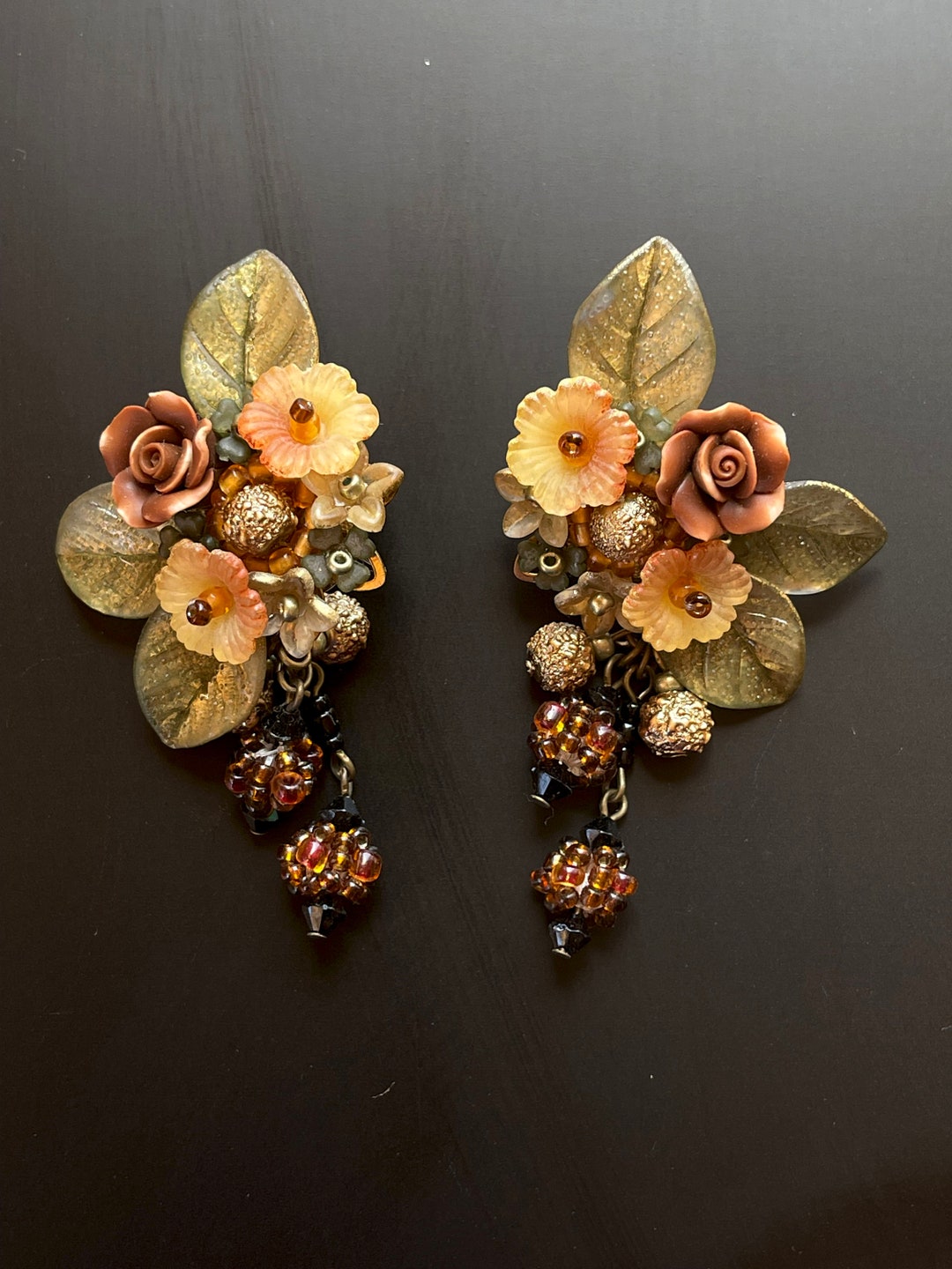 VINTAGE Colleen Toland Kona Rose Gold Green Pierced Earrings Statement ...