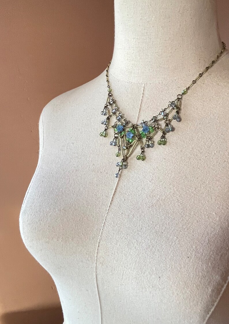 Vintage COLLEEN TOLAND Blue Green XO Beaded Vee Necklace Floral Flower ...
