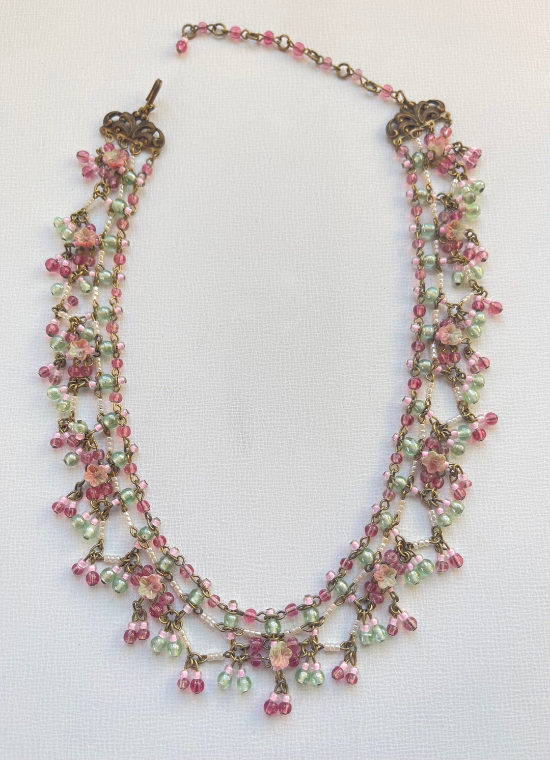 Vintage COLLEEN TOLAND Pink Green XO Necklace Beaded Flower Floral ...