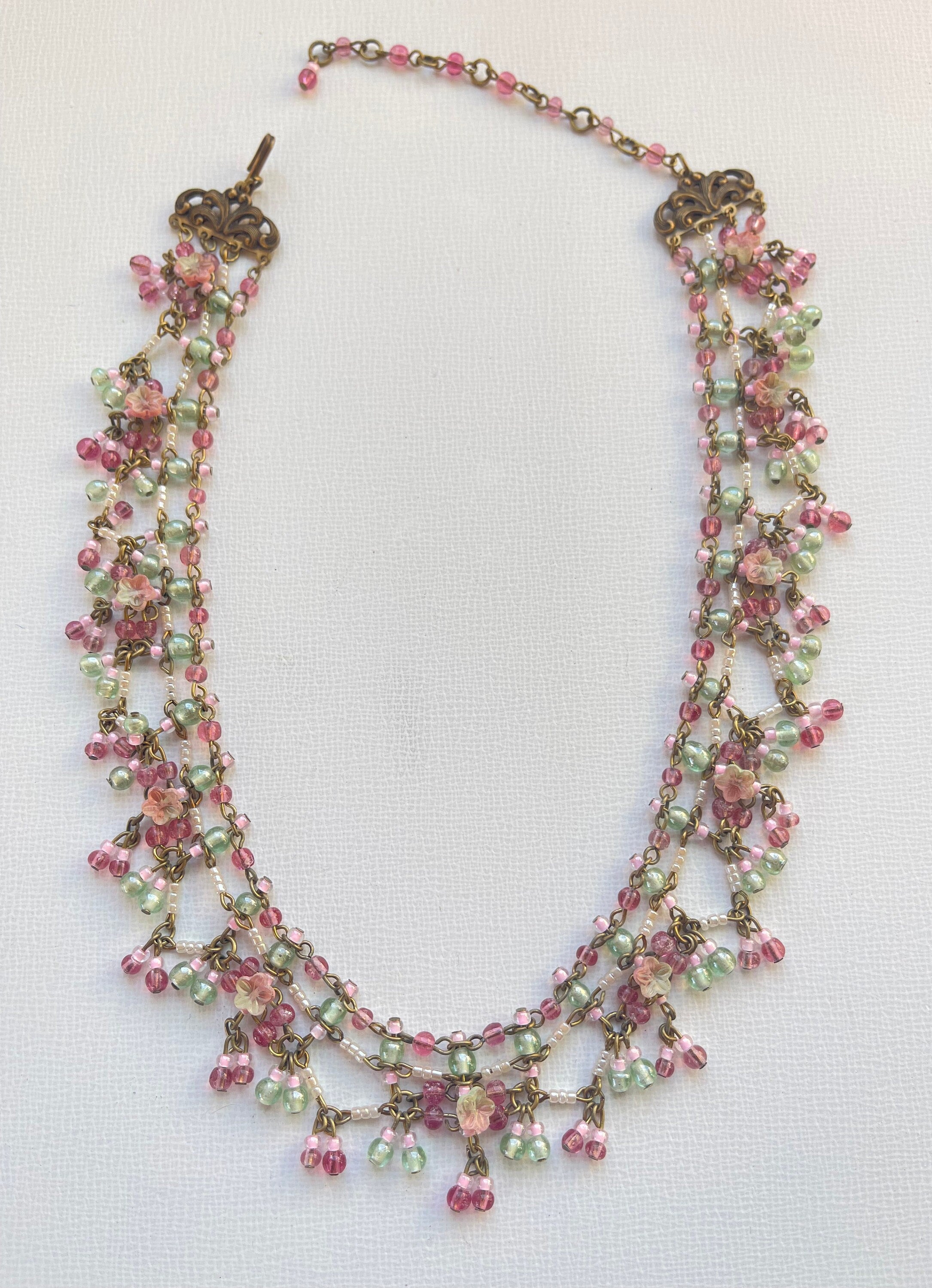 Vintage COLLEEN TOLAND Pink Green XO Necklace Beaded Flower Floral Romantic Handmade Designer ...