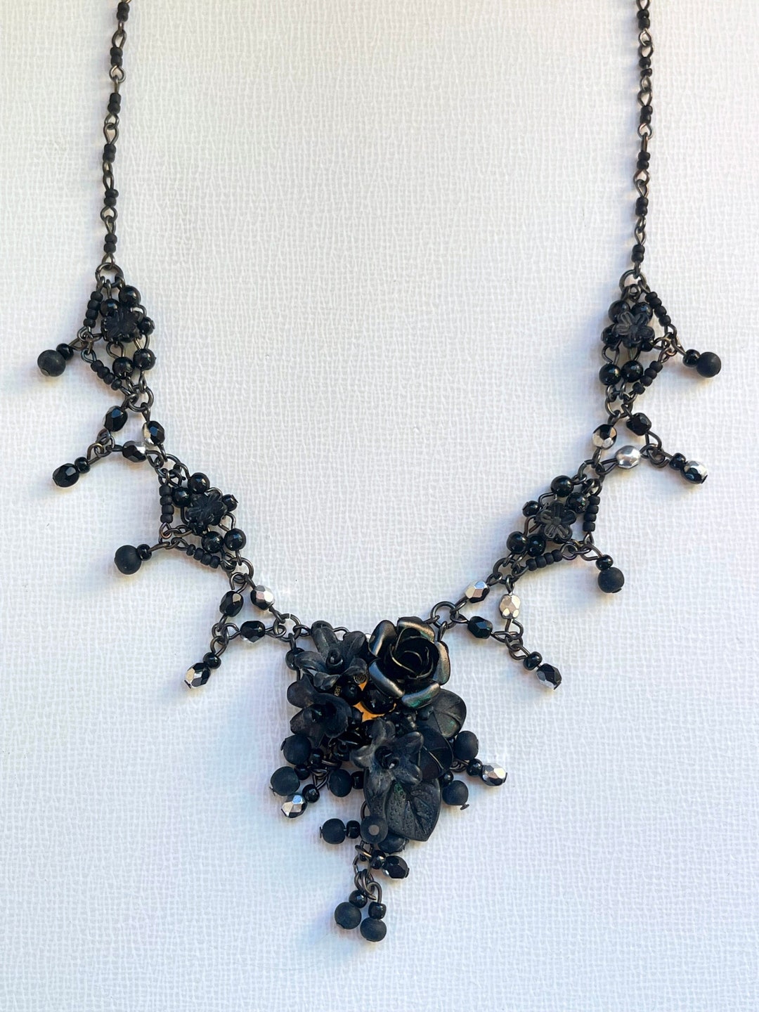 Rare Vintage COLLEEN TOLAND Black Rose Floral Necklace Handmade Jewelry ...