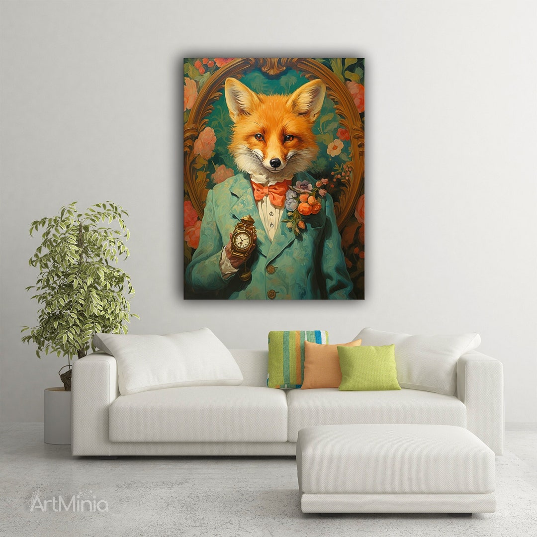 Fox in Floral Suit Canvas Print: Whimsical Animal Portrait Wall Art - Etsy