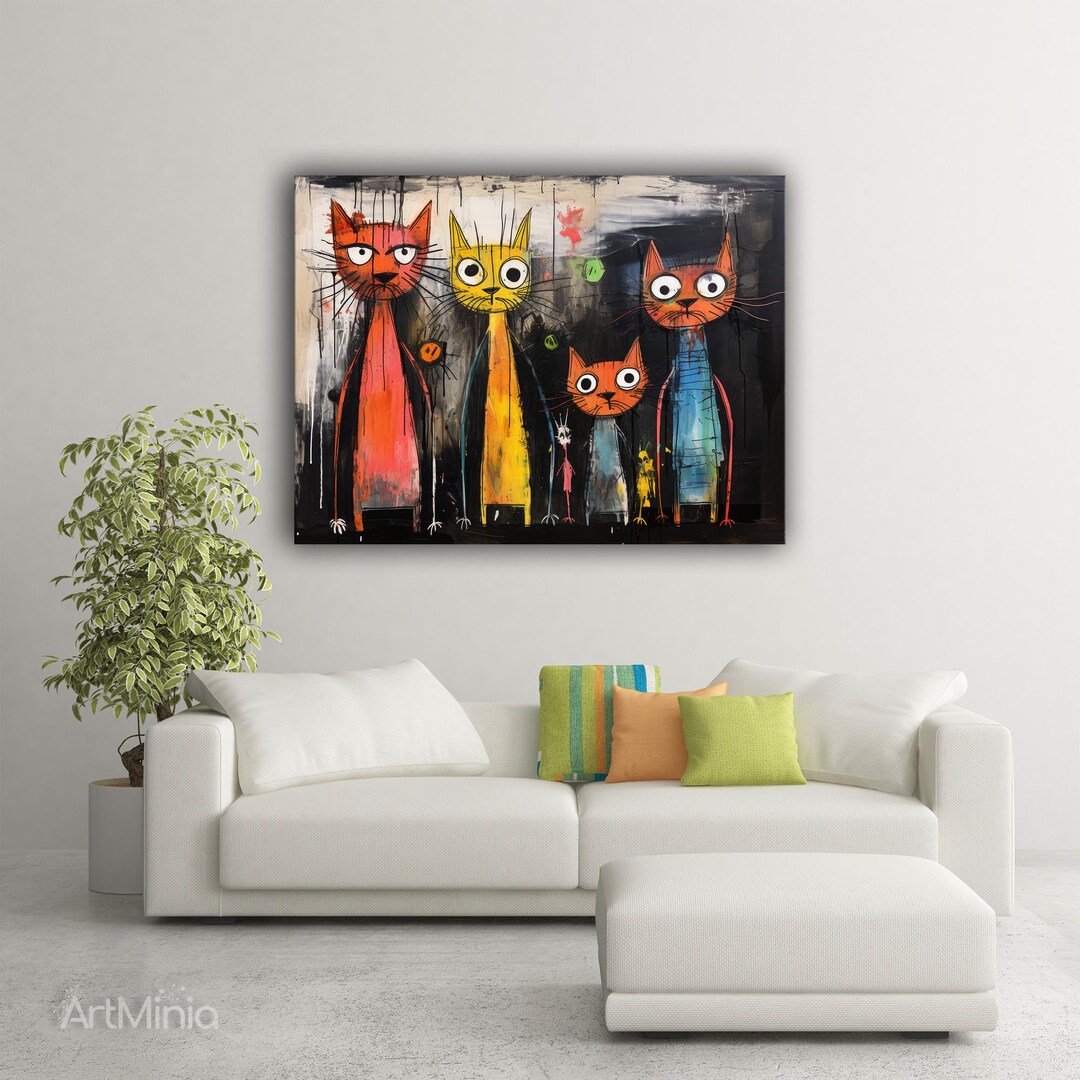 Quirky Cat Cartoon Painting: Modern Abstract Canvas Print - Etsy