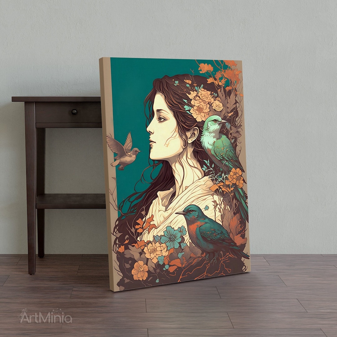 Alphonse Mucha Style Canvas Print Wall Art, the Girl With Bird and ...