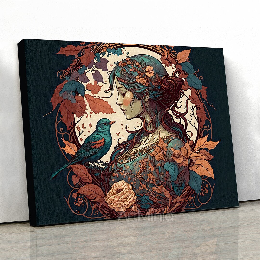Girl and Her Bird & Flowers Drawing Canvas Print Wall Art Style of ...